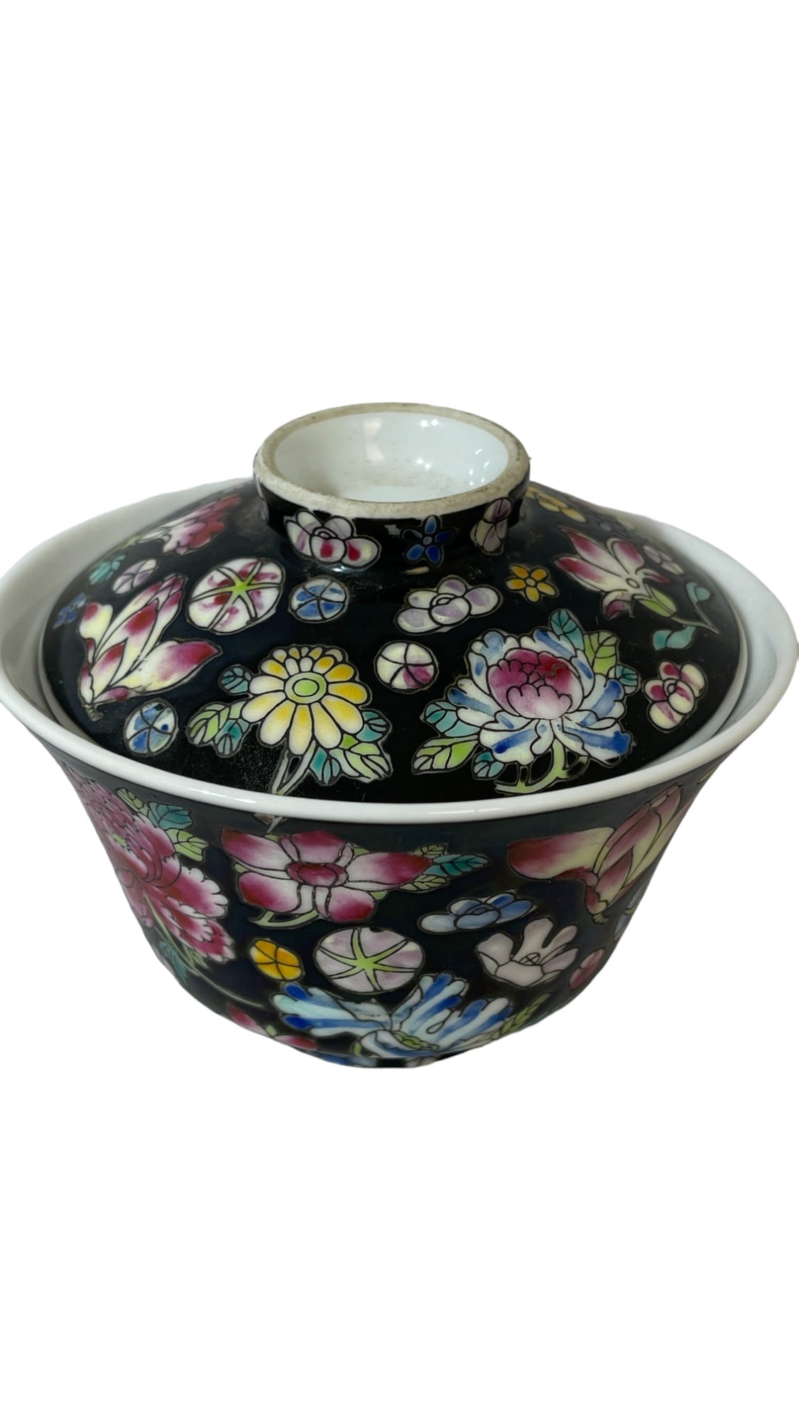Vintage Jingdezhen Pocelain Pastel Black Flower Cover Bowl Auction