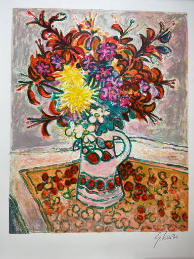 Vieillevie Gerard Summer Flower Bouquet Lithograph Signed In Pencil