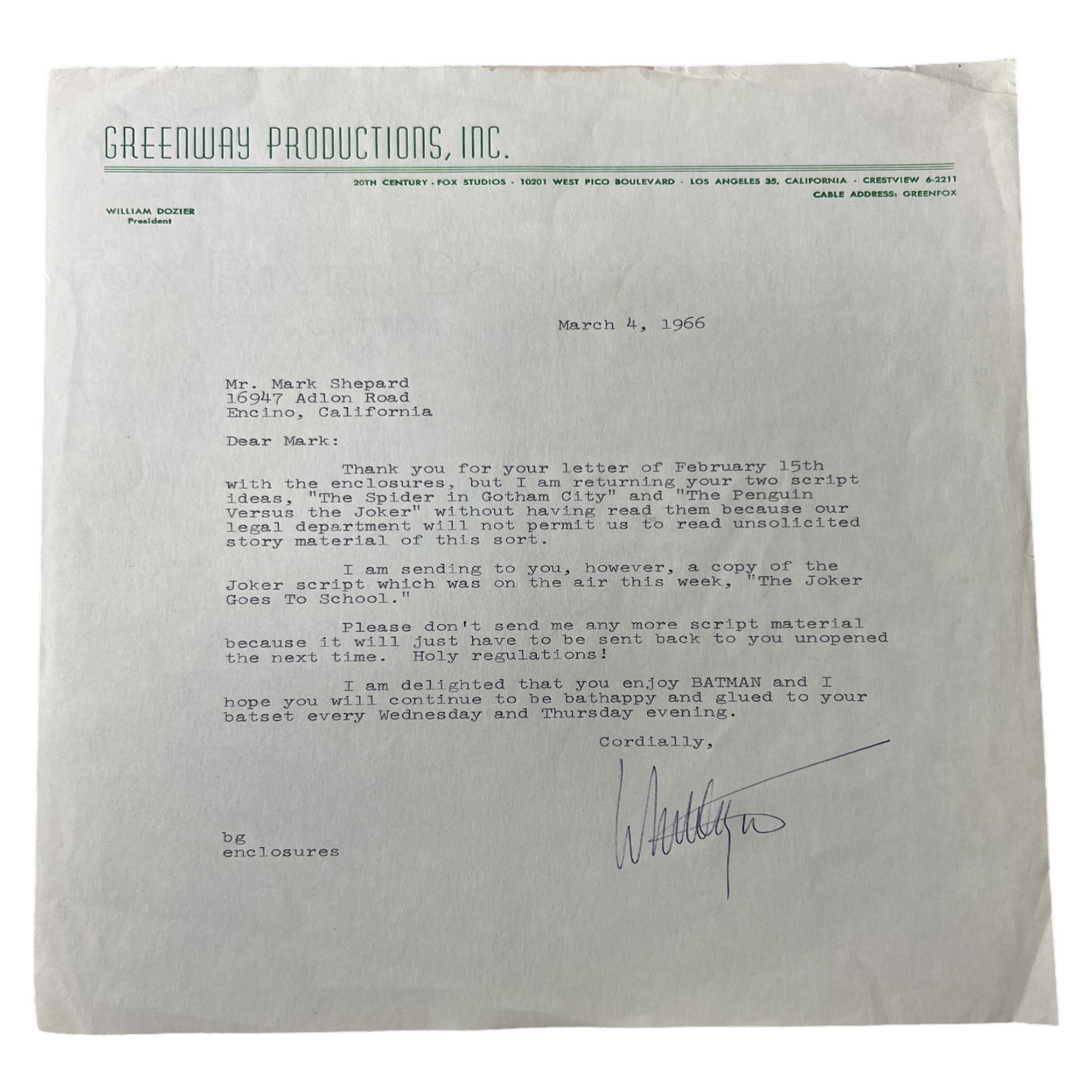 Signed Letter By William Mcelroy Dozier An American Film Movie And ...