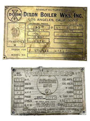 Antique Usa Plaque Westinghouse Synchronous Motor And Dixon Boiler Tags