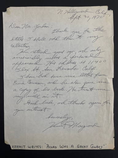 Kermit Maynard American Actor And Stuntman Hand Written & Signed Letter