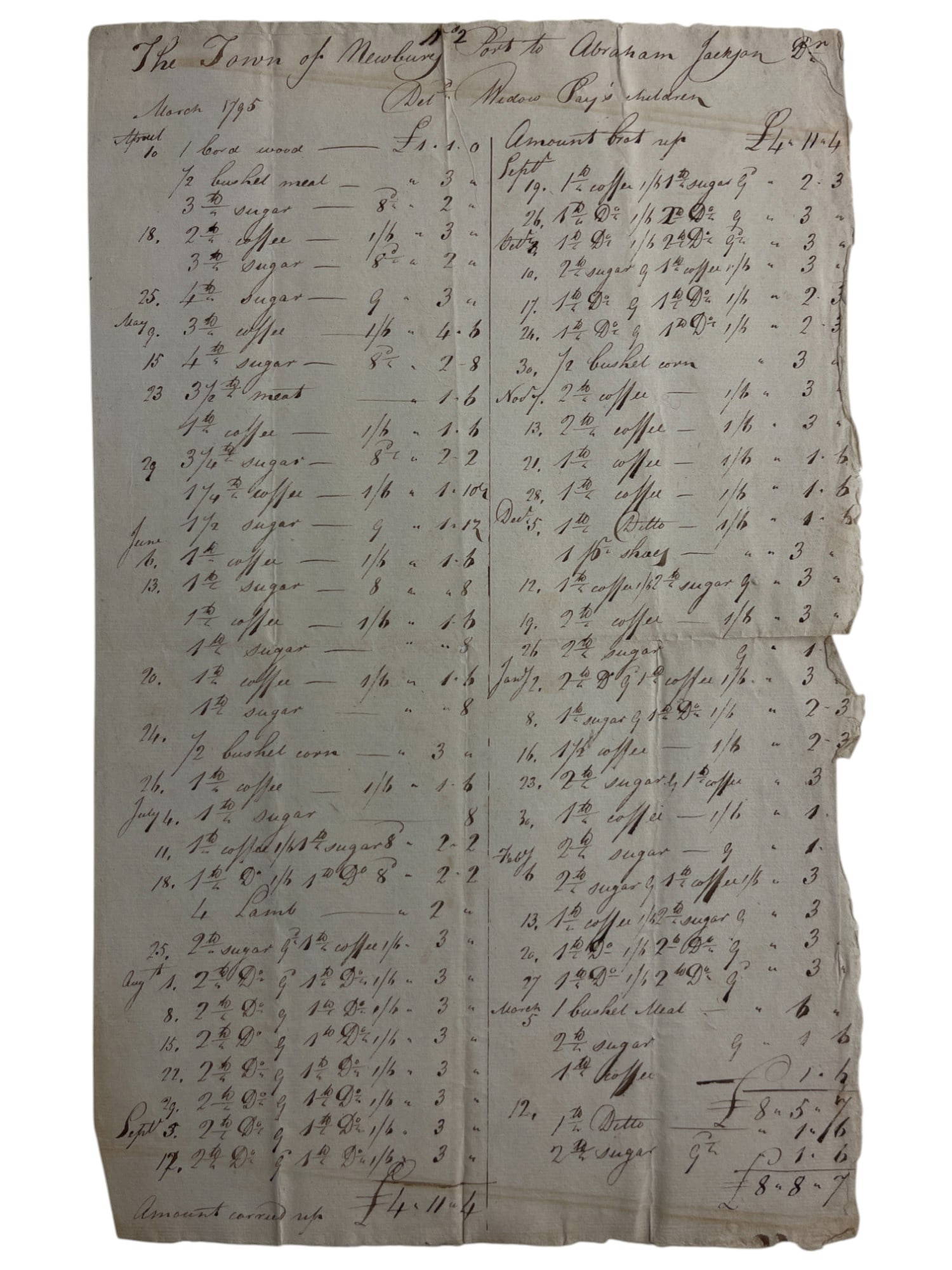 Antique 1795 Handwritten Bill From Town Of Newbury To Abraham Jackson ...