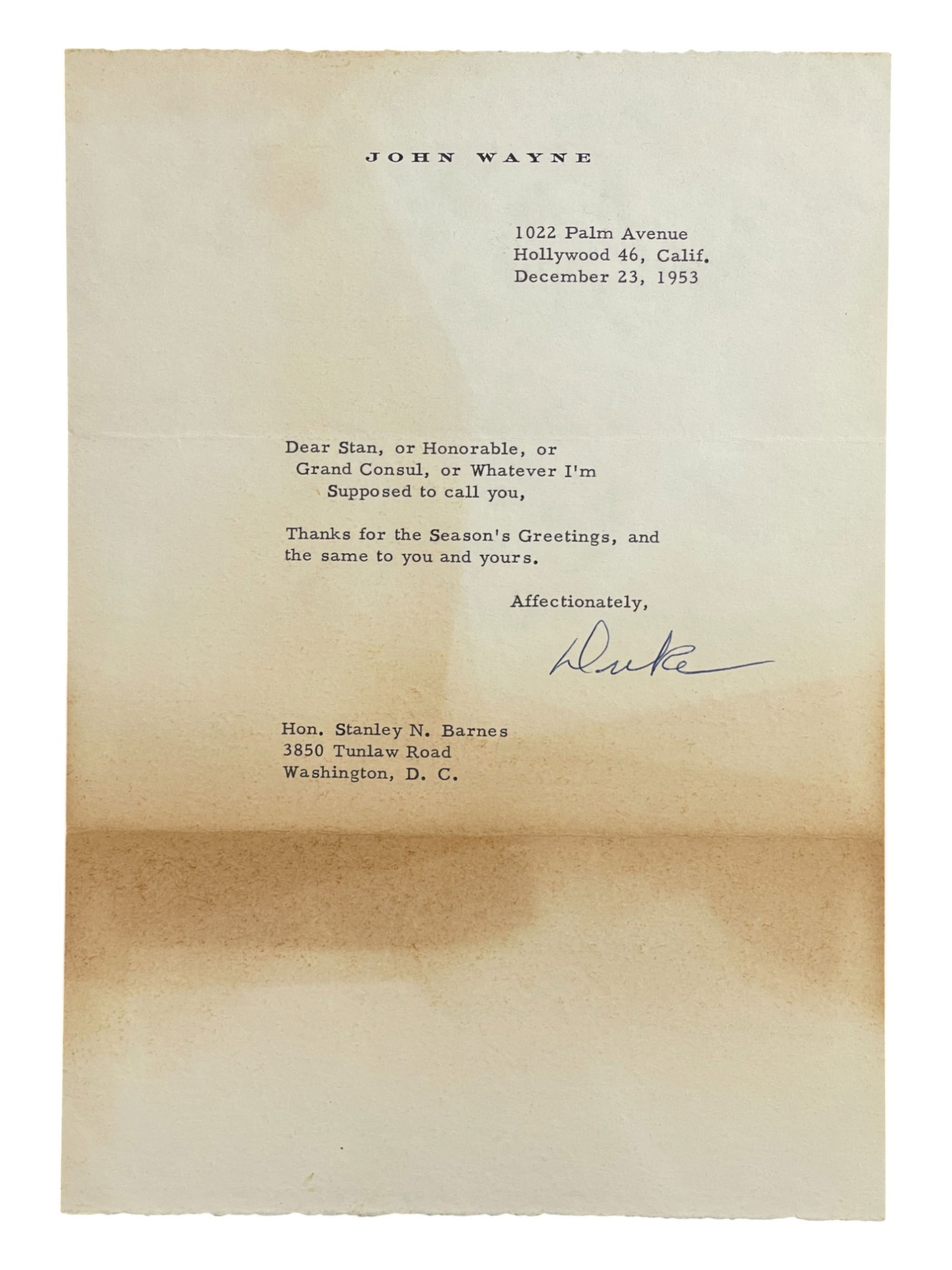 Original John Wayne Hand Signed Letter On Personal Letterhead To Hon ...