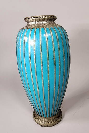 Japanese Pottery Vase Wrapped In Silver Wire.