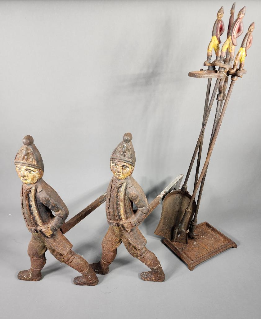 Cast Iron Hessian Soldier Andirons And Matching Fireplace Tool Set.