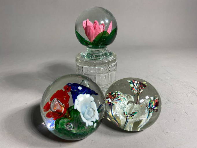 Group Lot Of 3 Local Vintage Glass Paperweights Signed