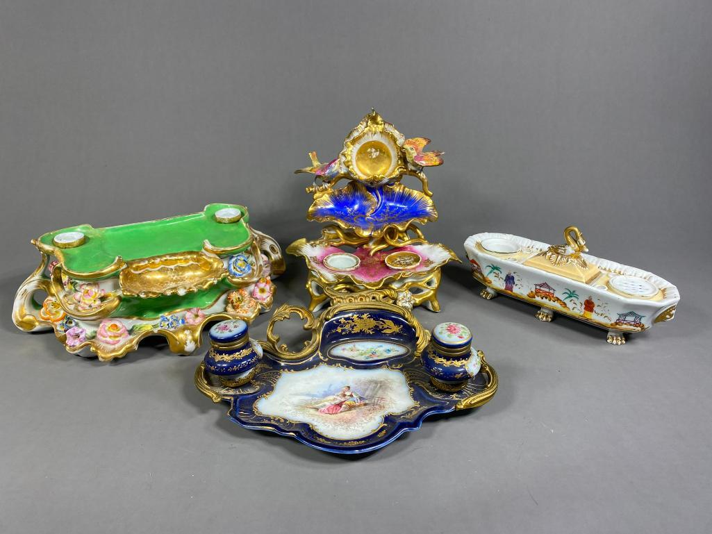 Group Of 4 Elaborate Ceramic Inkwell Desk Sets Auction