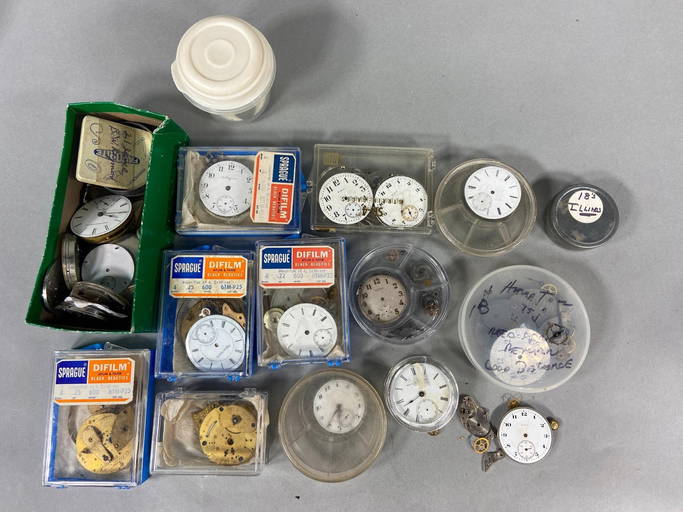 Large Lot Of Pocket Watch Movements, Parts, Dials.