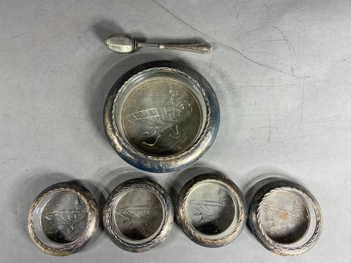 Sterling Silver Rimmed Coasters, Weighted Strainer.