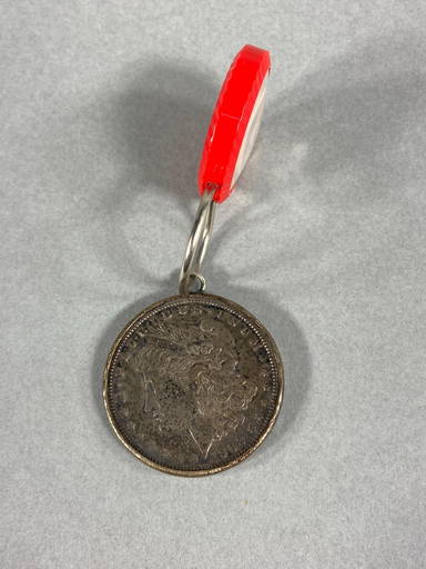 1902 Morgan Silver Dollar Key Fob Victorian Engraving.