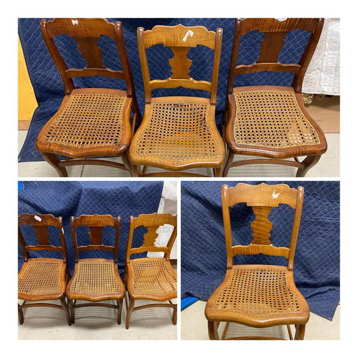 7 Antique Splat Back Tiger Maple Wooden Chairs.