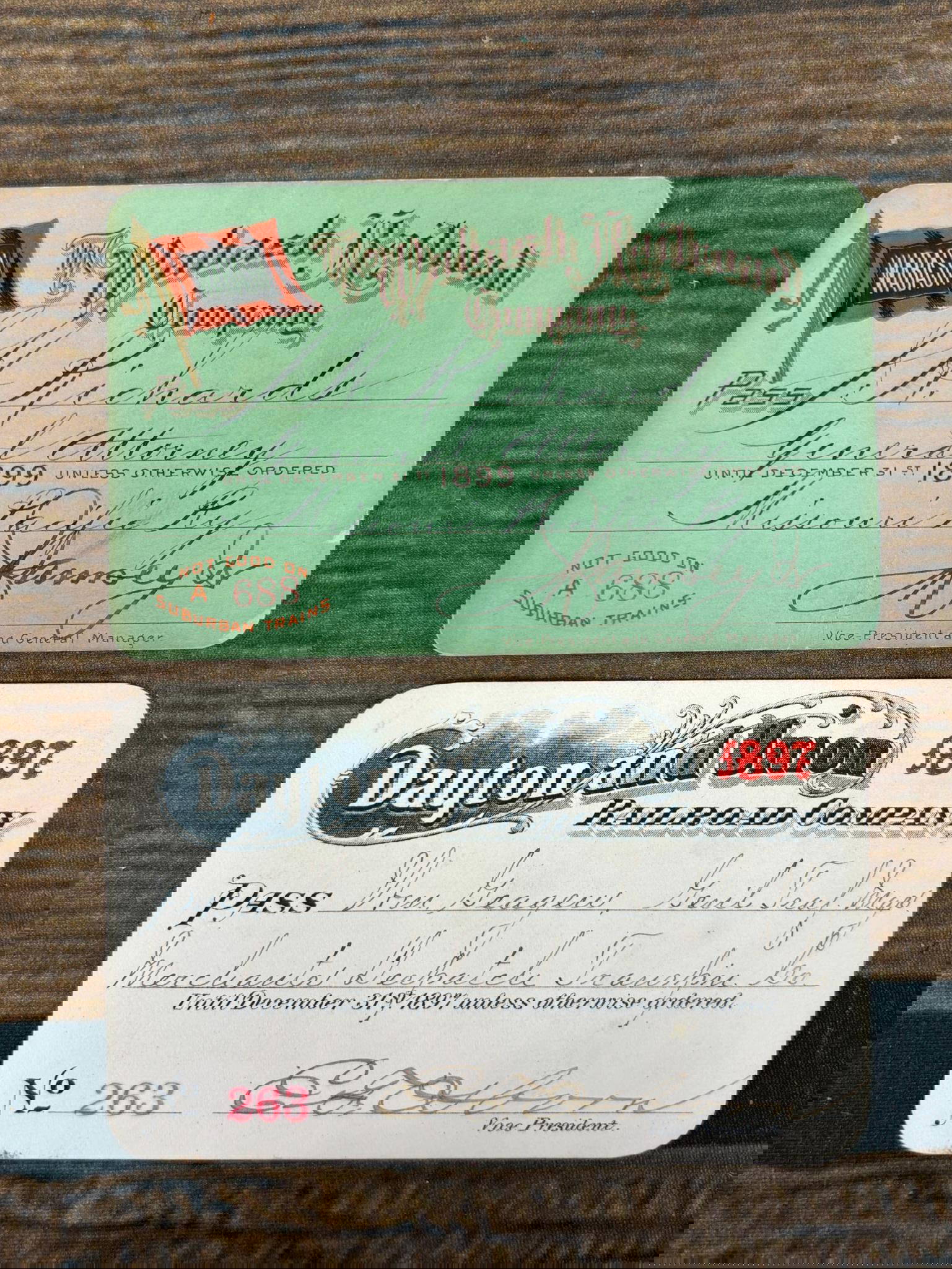 Two Rare Antique Railroad Passes; 1899 Wabash Railroad Company And 1897 ...