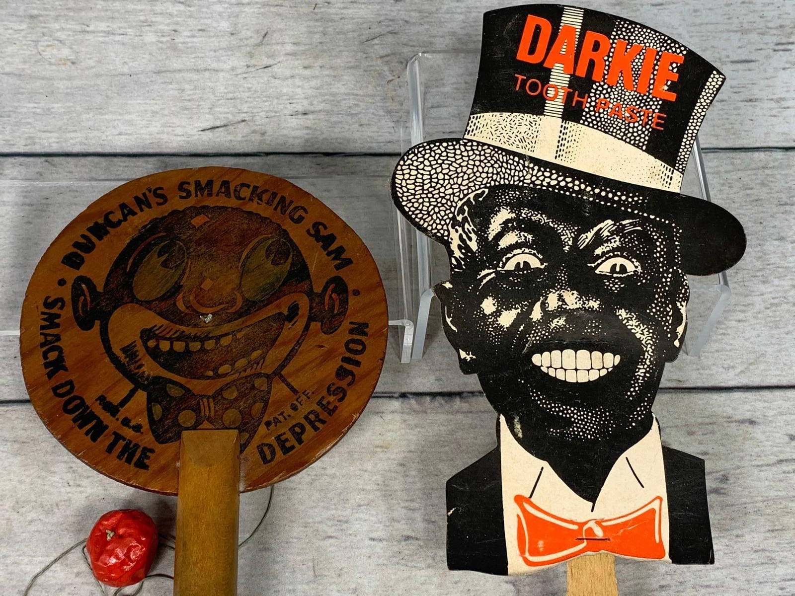 Antique Duncan's Smacking Sam Paddleball Game & Vintage Darkie Toothpaste Advertising Fan Auction