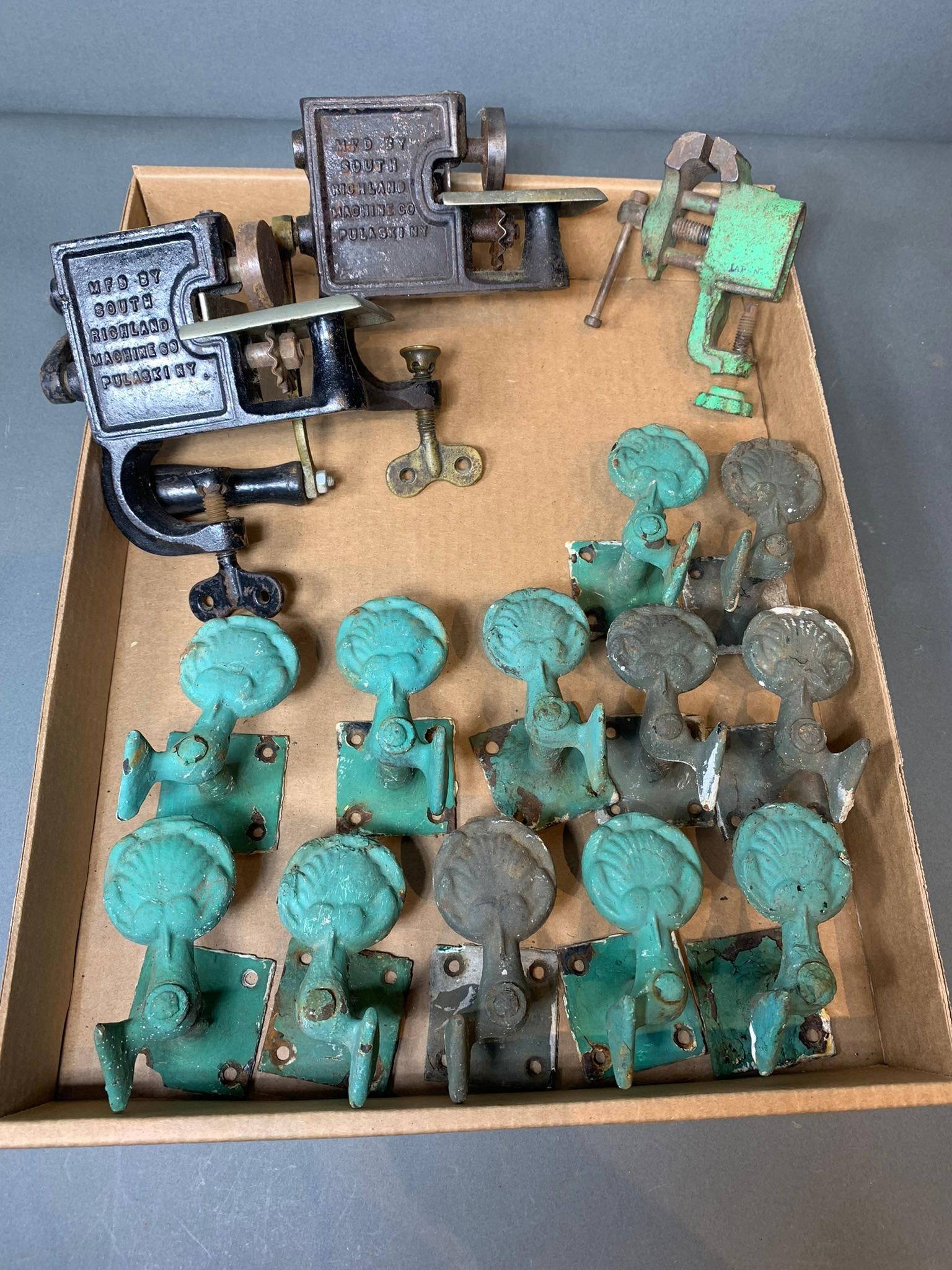 Group Of Antique Shutter Dogs, Clean Cut Pinking Machines, And A Bench ...