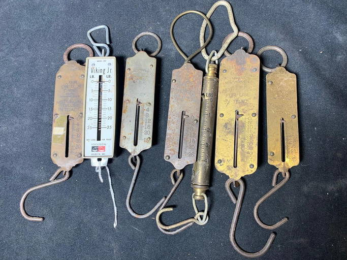 Antique And Vintage Hanging Scales Of Various Sizes And Some Brass