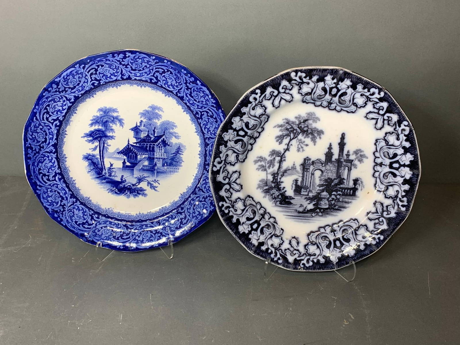 Lot Of Antique Flow Blue Plates. Various Patterns And Makers. Auction