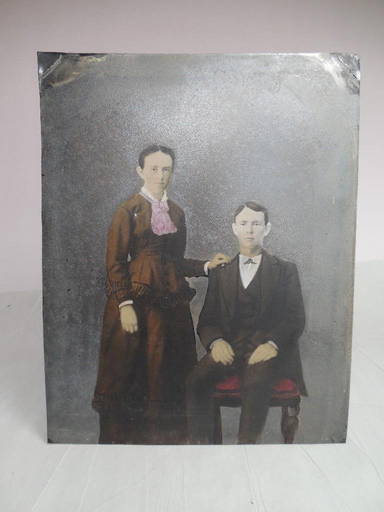 Large Antique Painted Tintype Of Man And Woman