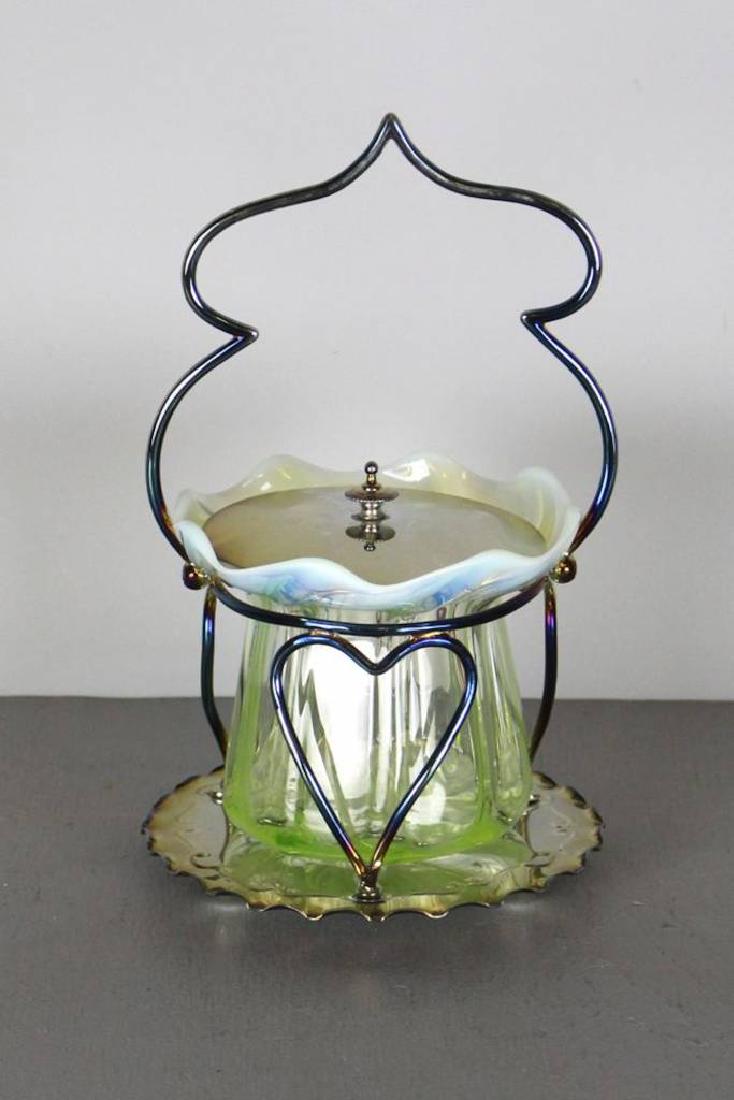 Lidded Silver Plate Art Glass Pickle Cruet