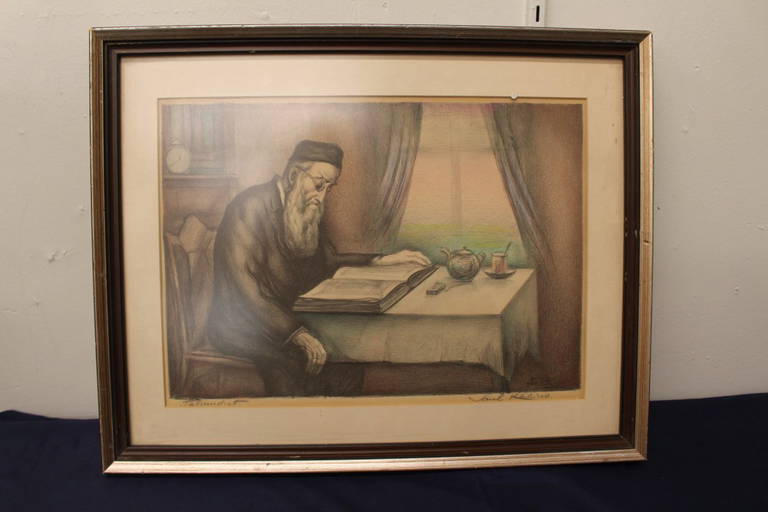 Color Pencil Lithograph "talmudist" By Artist Saul Rabino