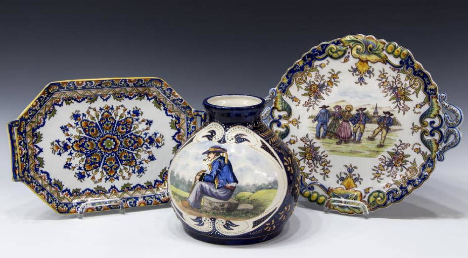 (3) French Hb Quimper Faience Vase, Platters