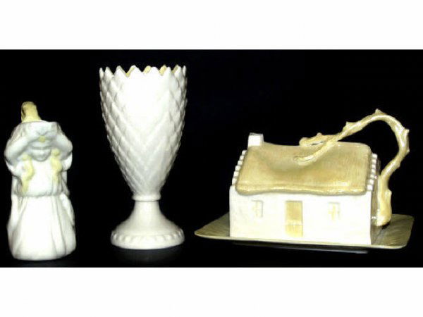 Three Irish Belleek Pieces Cottage, Vases