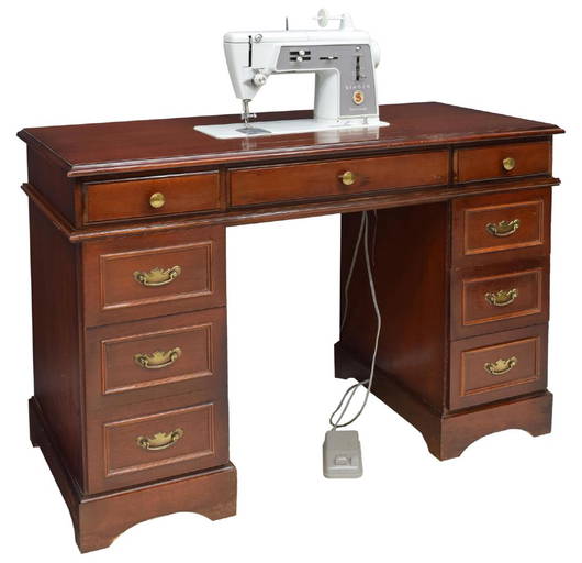 Vintage Kneehole Desk With Singer Sewing Machine