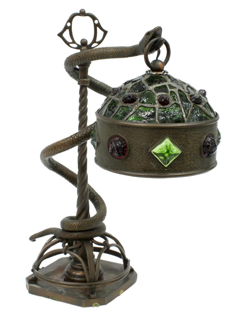 ART NOUVEAU COPPER & LEADED GLASS SNAKE LAMP