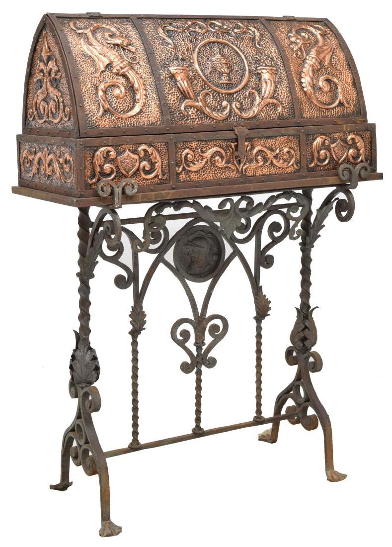 HAMMERED COPPER COFFER ON WROUGHT IRON STAND