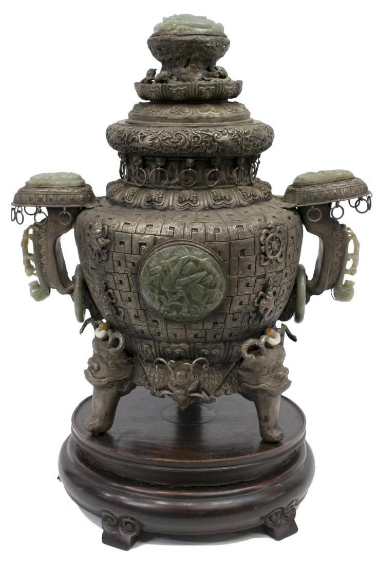 MONGOLIAN SILVER-PLATED, NEPHRITE JADE URN & LID