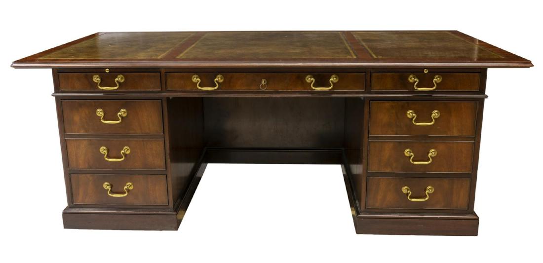 LARGE BAKER FURNITURE INSET LEATHER DESK, 84"W