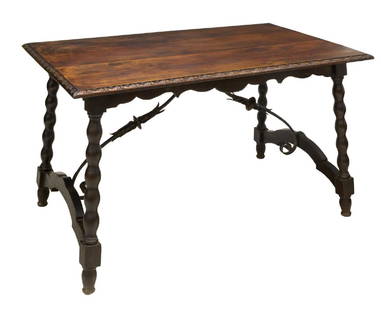 Spanish Baroque Style Hall Table, Iron Stretcher