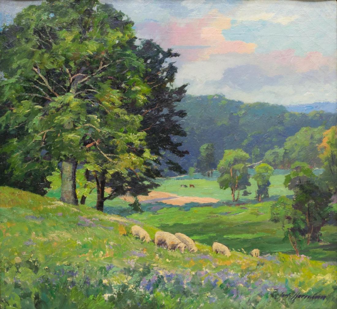 CARL HERMANN SHEEP PASTURE LANDSCAPE OIL PAINTING