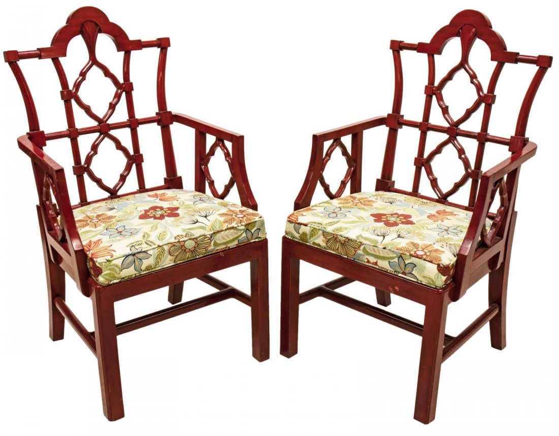 CHINESE CHIPPENDALE STYLE RED UPHOLSTERED CHAIRS