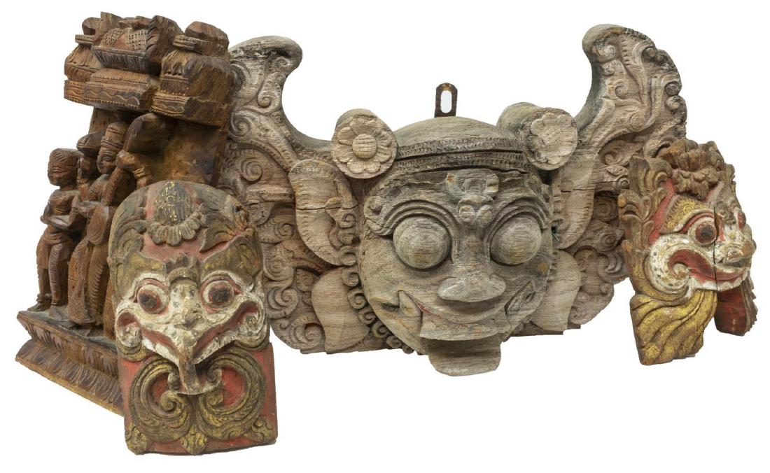 (4) SOUTHEAST ASIAN CARVED WOOD MASKS, ELEMENTS