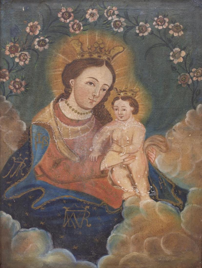 RELIGIOUS SPANISH COLONIAL MADONNA CHILD PAINTING