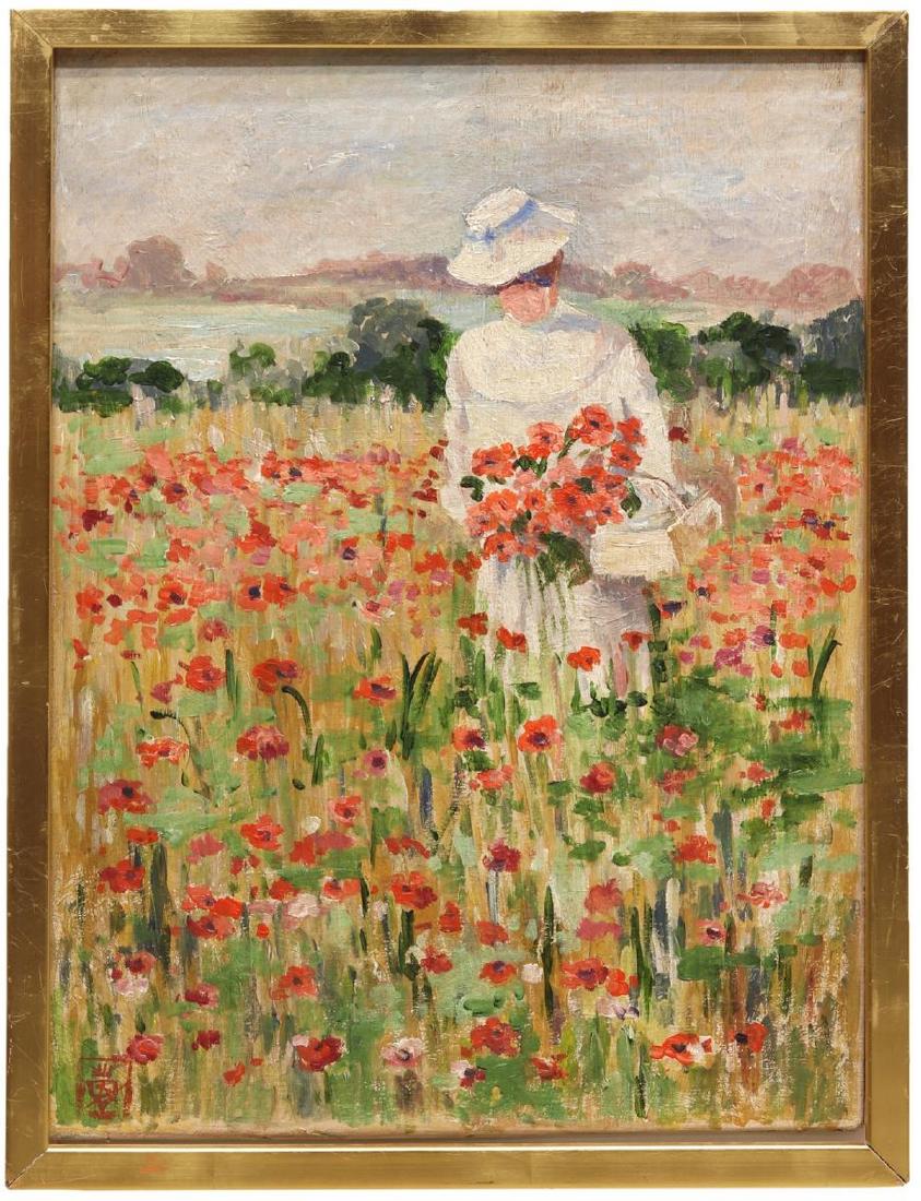 FRAMED OIL ON CANVAS PAINTING WOMAN IN POPPY FIELD