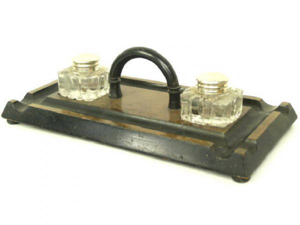 Continental Burl & Ebonized Wood Portable Inkwell