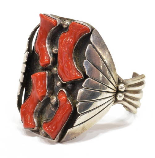 Fred Baca Navajo Sterling & Coral Cuff Bracelet