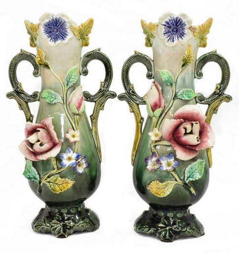 (2) French Barbotine Majolica Flower Vases