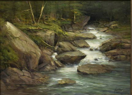 R. Boren: Framed Oil Painting On Canvass 'waterfall'