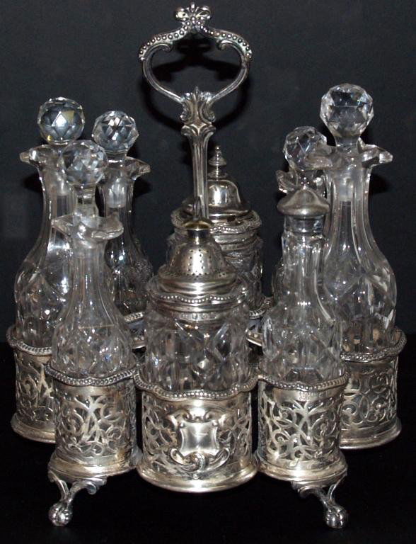 846: ENGLISH SHEFFIELD STERLING & CUT GLASS CASTOR SET