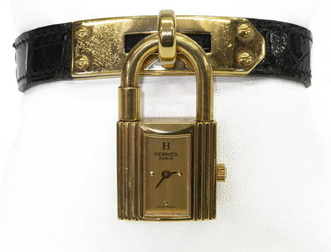 Hermes 'kelly' Lock Watch On Black Leather Strap