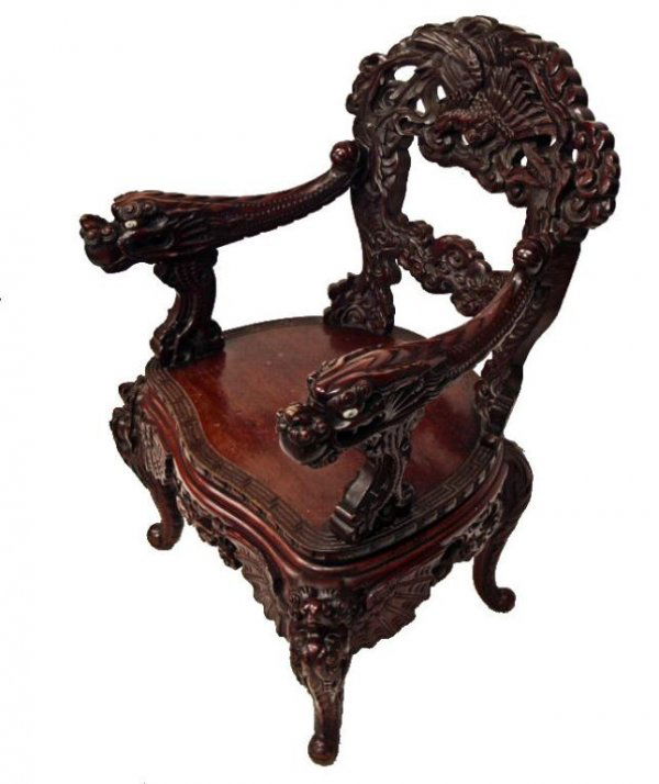 Antique Chinese Dragon Carved Hardwood Arm Chair
