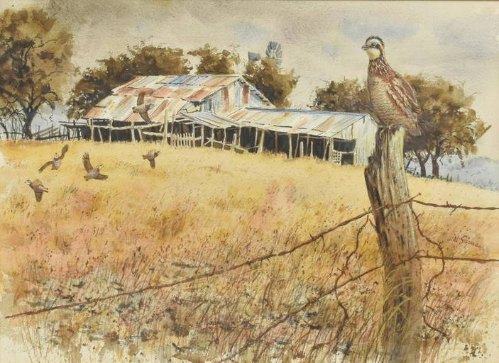 Harold H. (hal) Sims (1912 2002) Quails Watercolor