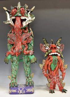 2 Mexican Ocumicho Clay Folk Art Diablo Sculptures