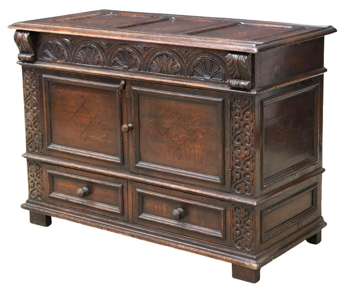 English Jacobean Style Carved Oak Storage Chest