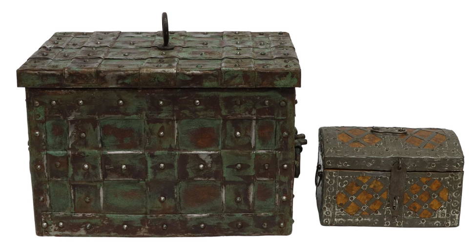 (2) Decorative Metal Strapped Wood Table Boxes