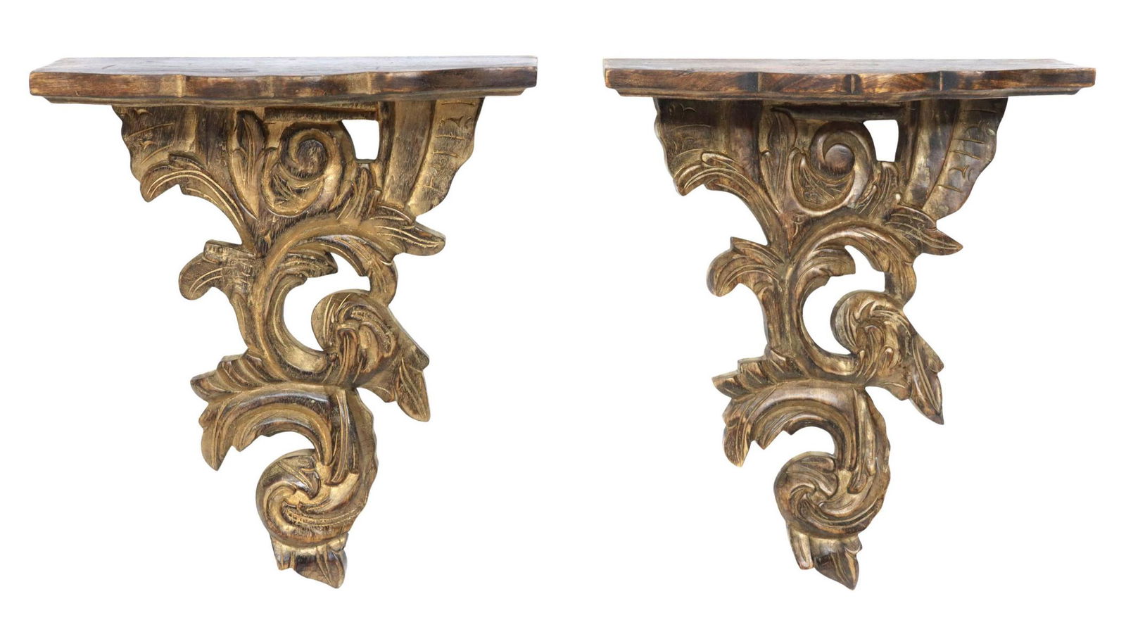 (2) Large Parcel Gilt Carved Wood Wall Brackets