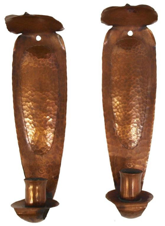PAIR ROYCROFT HAMMERED COPPER WALL SCONCES