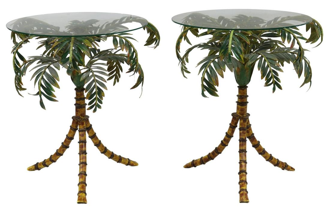 (2) Glass Top Tole Painted Palm Tree Side Tables